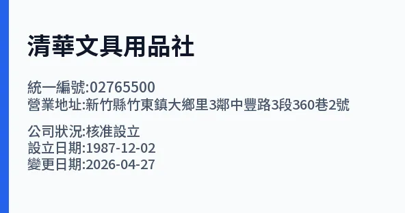清華文具用品社的照片-統編 02765500(新竹縣) 公司登記資料與營業項目詳細圖表