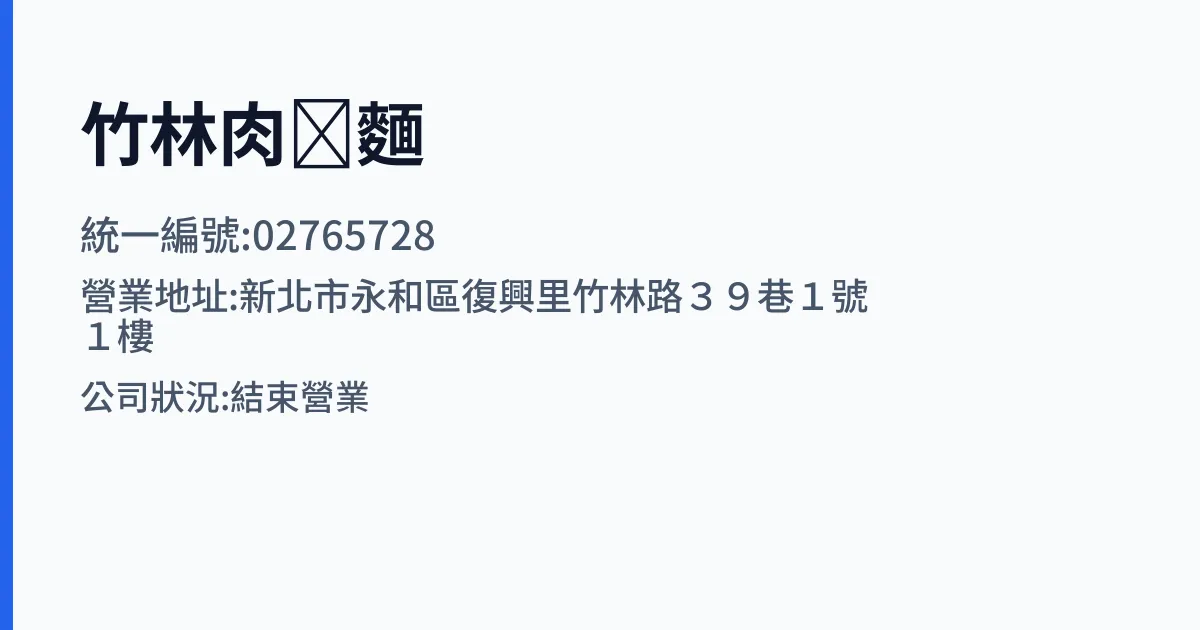 竹林肉焿麵 - 統編 02765728(新北市) 公司登記資料與營業項目詳細圖表