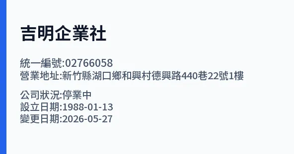 吉明企業社的照片-統編 02766058(新竹縣) 公司登記資料與營業項目詳細圖表
