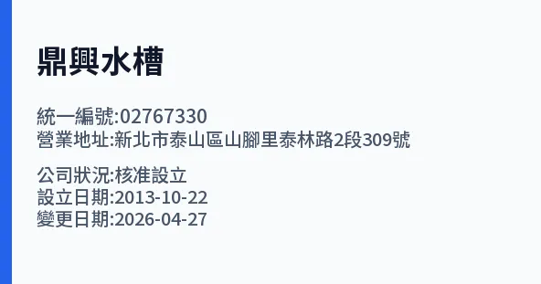 鼎興水槽的照片-統編 02767330(新北市) 公司登記資料與營業項目詳細圖表