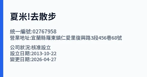 夏米!去散步的照片-統編 02767958(宜蘭縣) 公司登記資料與營業項目詳細圖表