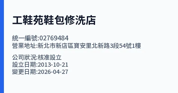 工鞋苑鞋包修洗店的照片-統編 02769484(新北市) 公司登記資料與營業項目詳細圖表