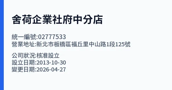 舍荷企業社府中分店的照片-統編 02777533(新北市) 公司登記資料與營業項目詳細圖表
