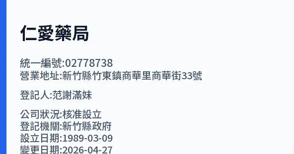 仁愛藥局的照片-統編 02778738(新竹縣) 公司登記資料與營業項目詳細圖表