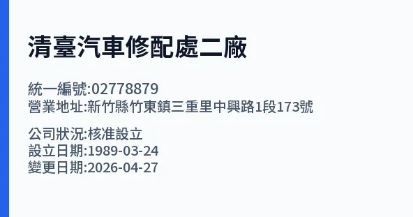 清臺汽車修配處二廠的照片-統編 02778879(新竹縣) 公司登記資料與營業項目詳細圖表