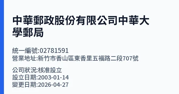中華郵政股份有限公司中華大學郵局的照片-統編 02781591(新竹市) 公司登記資料與營業項目詳細圖表