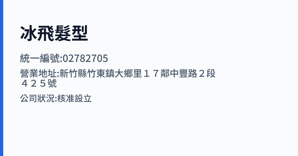 冰飛髮型 - 統編 02782705(新竹縣) 公司登記資料與營業項目詳細圖表