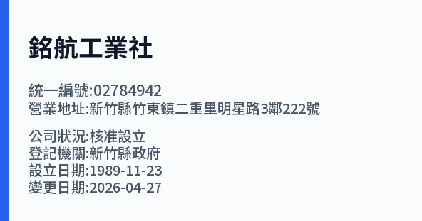銘航工業社的照片-統編 02784942(新竹縣) 公司登記資料與營業項目詳細圖表