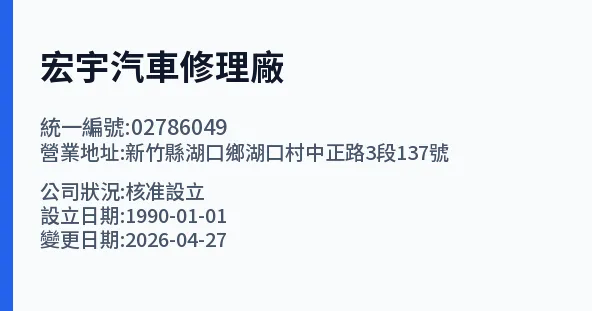 宏宇汽車修理廠的照片-統編 02786049(新竹縣) 公司登記資料與營業項目詳細圖表