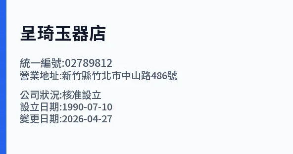 呈琦玉器店的照片-統編 02789812(新竹縣) 公司登記資料與營業項目詳細圖表