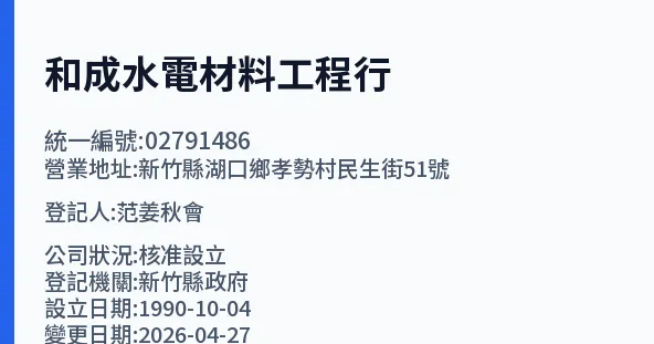 和成水電材料工程行的照片-統編 02791486(新竹縣) 公司登記資料與營業項目詳細圖表