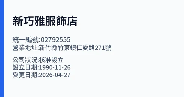 新巧雅服飾店的照片-統編 02792555(新竹縣) 公司登記資料與營業項目詳細圖表
