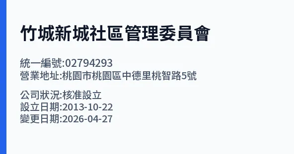 竹城新城社區管理委員會的照片-統編 02794293(桃園市) 公司登記資料與營業項目詳細圖表