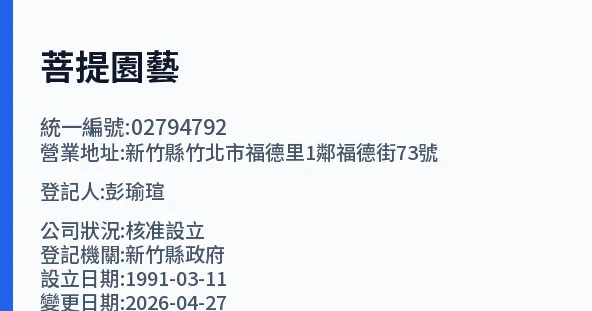 菩提園藝的照片-統編 02794792(新竹縣) 公司登記資料與營業項目詳細圖表