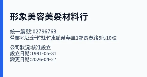 形象美容美髮材料行的照片-統編 02796763(新竹縣) 公司登記資料與營業項目詳細圖表