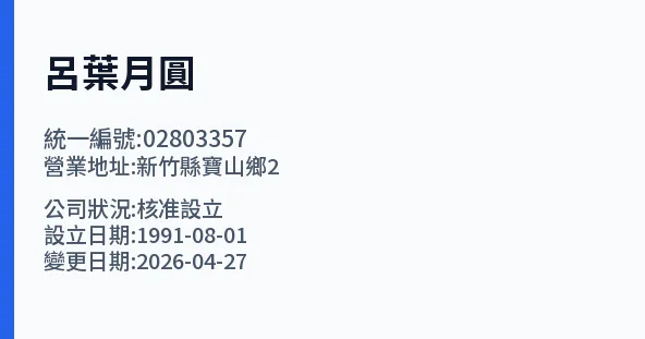 呂葉月圓的照片-統編 02803357(新竹縣) 公司登記資料與營業項目詳細圖表