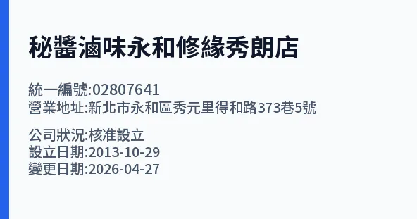 秘醬滷味永和修緣秀朗店的照片-統編 02807641(新北市) 公司登記資料與營業項目詳細圖表