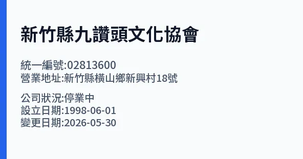新竹縣九讚頭文化協會的照片-統編 02813600(新竹縣) 公司登記資料與營業項目詳細圖表