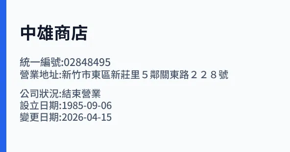 中雄商店的照片-統編 02848495(新竹市) 公司登記資料與營業項目詳細圖表