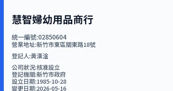 慧智婦幼用品商行的照片-統編 02850604(新竹市) 公司登記資料與營業項目詳細圖表