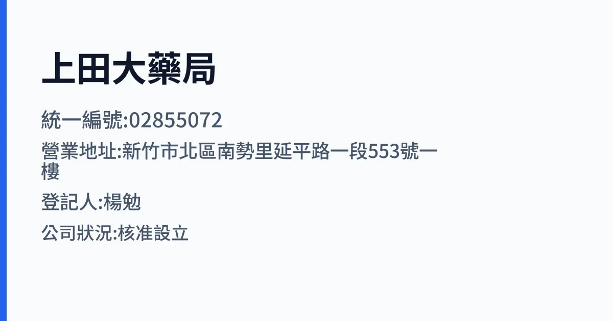 上田大藥局 - 統編 02855072(新竹市) 公司登記資料與營業項目詳細圖表