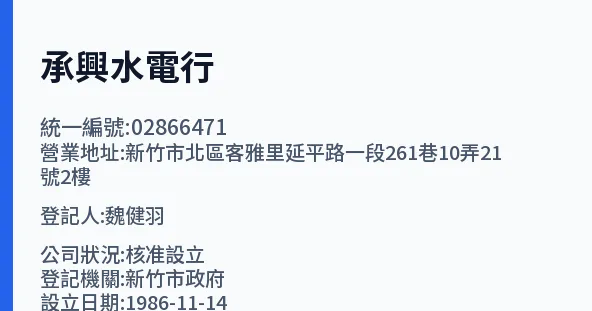 承興水電行的照片-統編 02866471(新竹市) 公司登記資料與營業項目詳細圖表