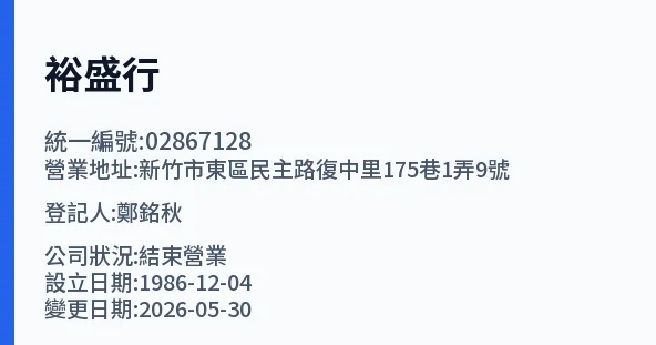 裕盛行的照片-統編 02867128(新竹市) 公司登記資料與營業項目詳細圖表