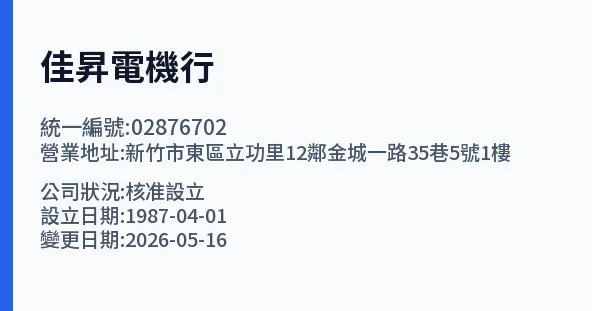 佳昇電機行的照片-統編 02876702(新竹市) 公司登記資料與營業項目詳細圖表