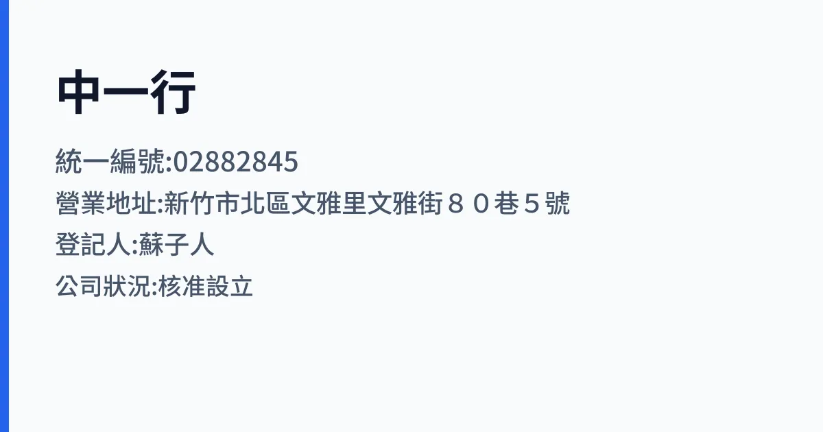 中一行 - 統編 02882845(新竹市) 公司登記資料與營業項目詳細圖表