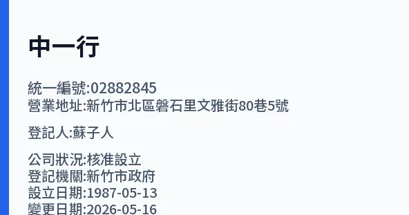 中一行的照片-統編 02882845(新竹市) 公司登記資料與營業項目詳細圖表