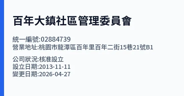 百年大鎮社區管理委員會的照片-統編 02884739(桃園市) 公司登記資料與營業項目詳細圖表
