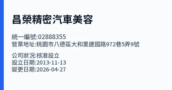 昌榮精密汽車美容的照片-統編 02888355(桃園市) 公司登記資料與營業項目詳細圖表