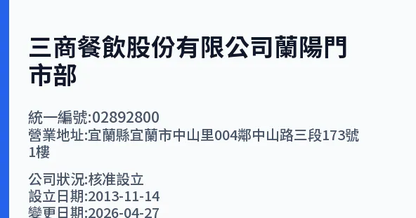 三商餐飲股份有限公司蘭陽門市部的照片-統編 02892800(宜蘭縣) 公司登記資料與營業項目詳細圖表