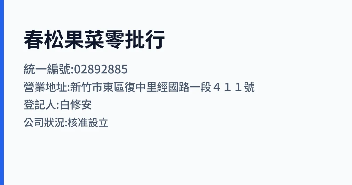 春松果菜零批行 - 統編 02892885(新竹市) 公司登記資料與營業項目詳細圖表