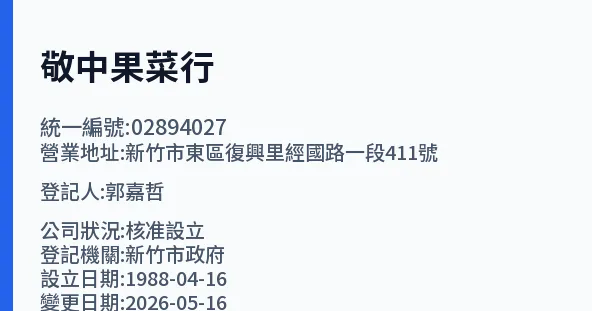 敬中果菜行的照片-統編 02894027(新竹市) 公司登記資料與營業項目詳細圖表