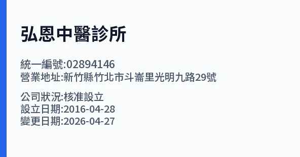弘恩中醫診所的照片-統編 02894146(新竹縣) 公司登記資料與營業項目詳細圖表