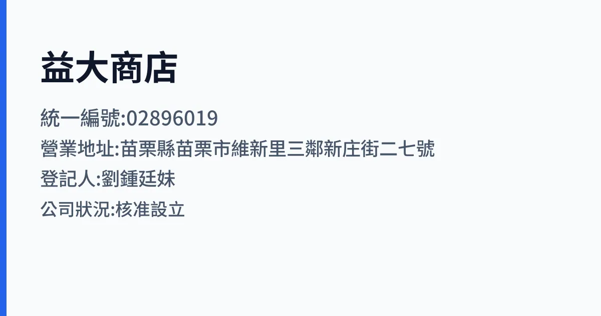 益大商店 - 統編 02896019(苗栗縣) 公司登記資料與營業項目詳細圖表