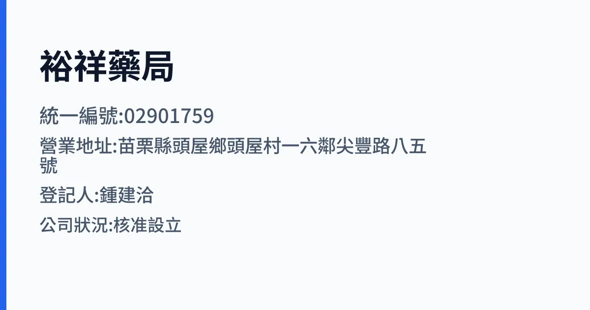 裕祥藥局 - 統編 02901759(苗栗縣) 公司登記資料與營業項目詳細圖表