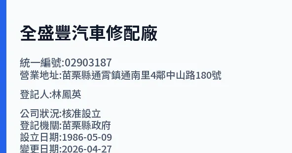 全盛豐汽車修配廠的照片-統編 02903187(苗栗縣) 公司登記資料與營業項目詳細圖表