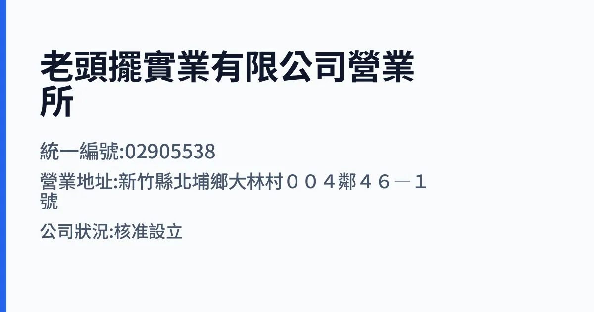 老頭擺實業有限公司營業所 - 統編 02905538(新竹縣) 公司登記資料與營業項目詳細圖表