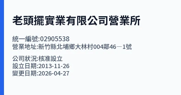 老頭擺實業有限公司營業所的照片-統編 02905538(新竹縣) 公司登記資料與營業項目詳細圖表