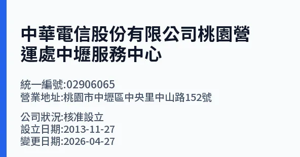 中華電信股份有限公司桃園營運處中壢服務中心的照片-統編 02906065(桃園市) 公司登記資料與營業項目詳細圖表