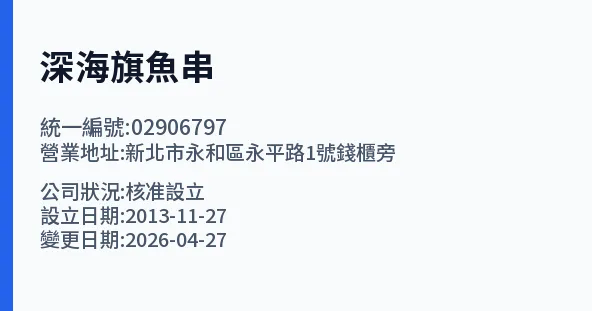 深海旗魚串的照片-統編 02906797(新北市) 公司登記資料與營業項目詳細圖表