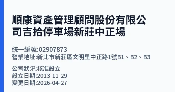 順康資產管理顧問股份有限公司吉拾停車場新莊中正場的照片-統編 02907873(新北市) 公司登記資料與營業項目詳細圖表
