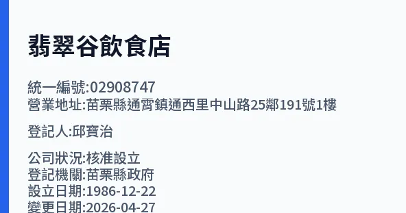 翡翠谷飲食店的照片-統編 02908747(苗栗縣) 公司登記資料與營業項目詳細圖表
