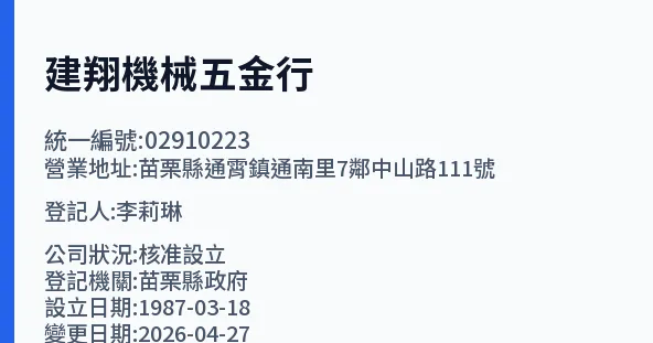 建翔機械五金行的照片-統編 02910223(苗栗縣) 公司登記資料與營業項目詳細圖表