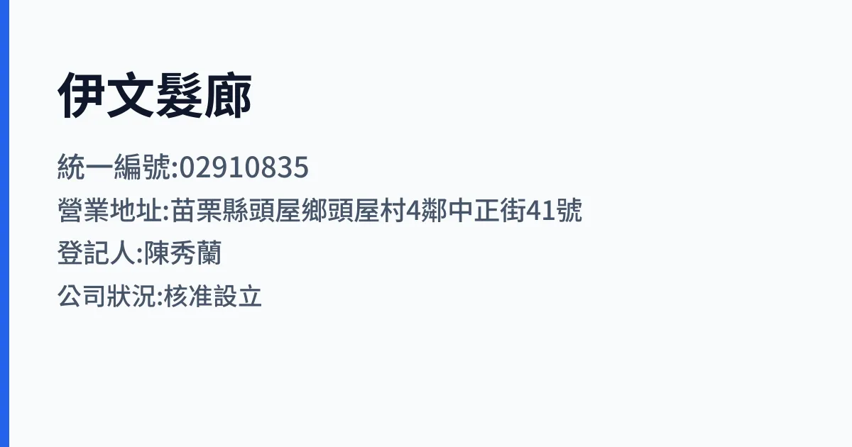 伊文髮廊 - 統編 02910835(苗栗縣) 公司登記資料與營業項目詳細圖表