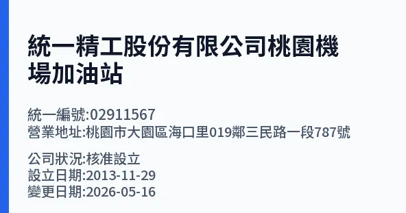 統一精工股份有限公司桃園機場加油站的照片-統編 02911567(桃園市) 公司登記資料與營業項目詳細圖表