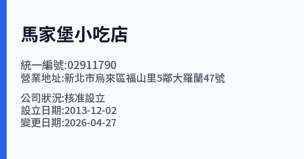 馬家堡小吃店的照片-統編 02911790(新北市) 公司登記資料與營業項目詳細圖表