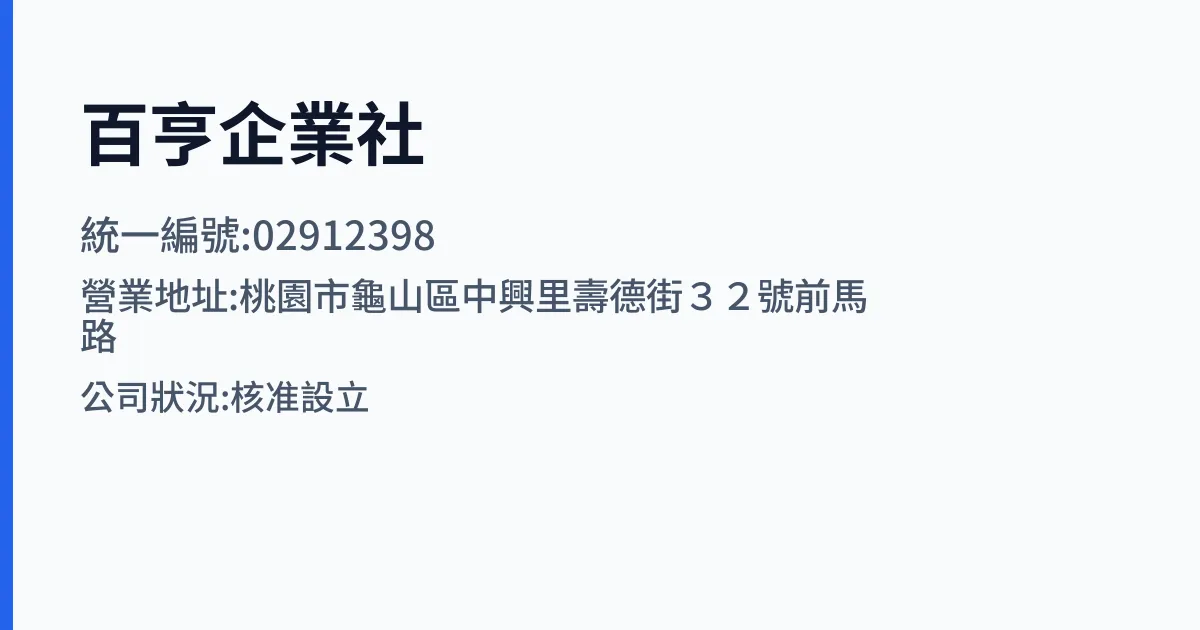百亨企業社 - 統編 02912398(桃園市) 公司登記資料與營業項目詳細圖表